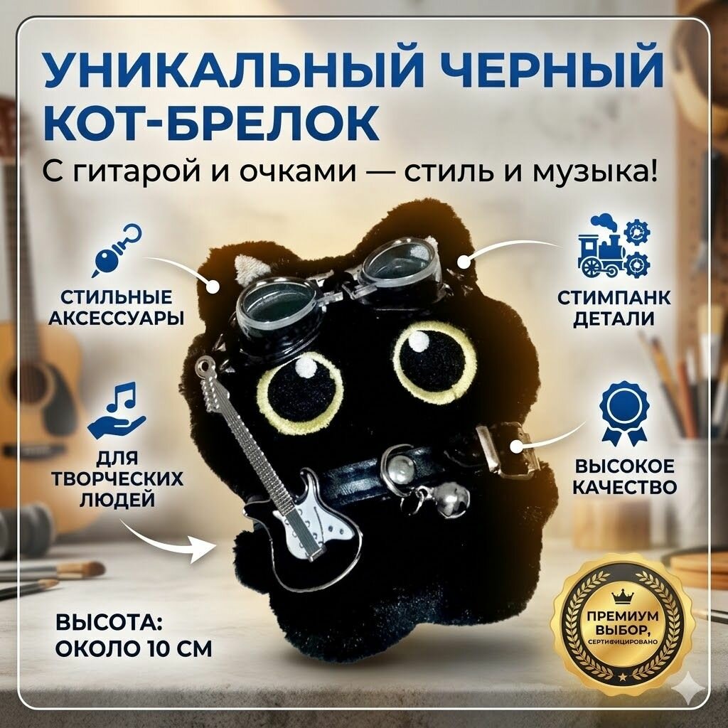 Мягкая игрушка-брелок кот в стиле панк с гитарой и очками, черный-FortunePick
