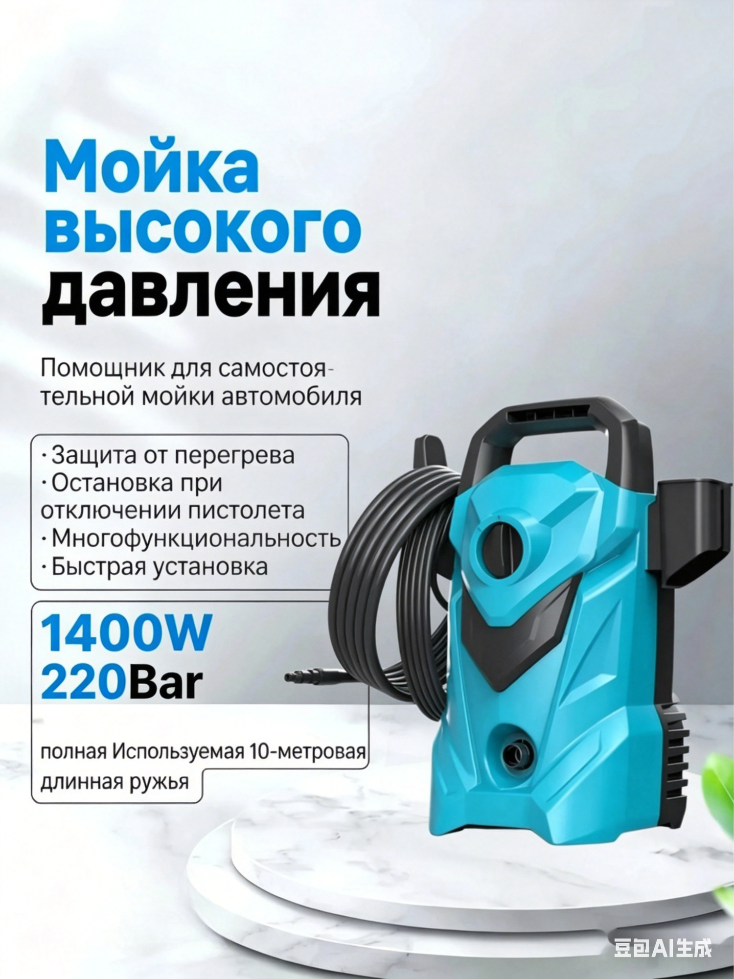 Мойка высокого давления 1400 Вт, Синий, 10-метровая водопроводная труба, высокая мощность