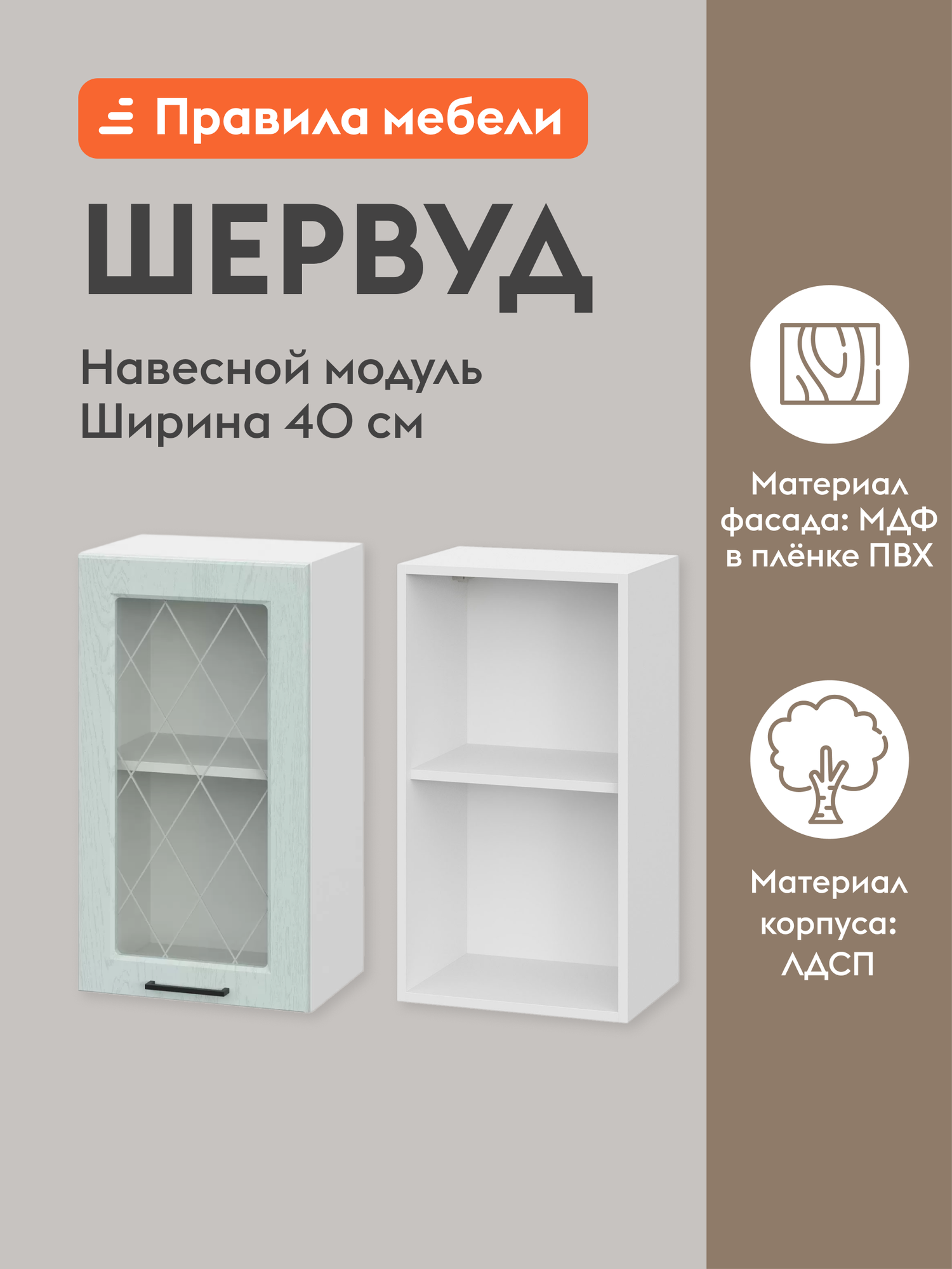 Кухонный модуль навесной, шкаф Шервуд с доводчиками, с полками, 40х29.6х72 см, Белый / Деним голубой со стеклом