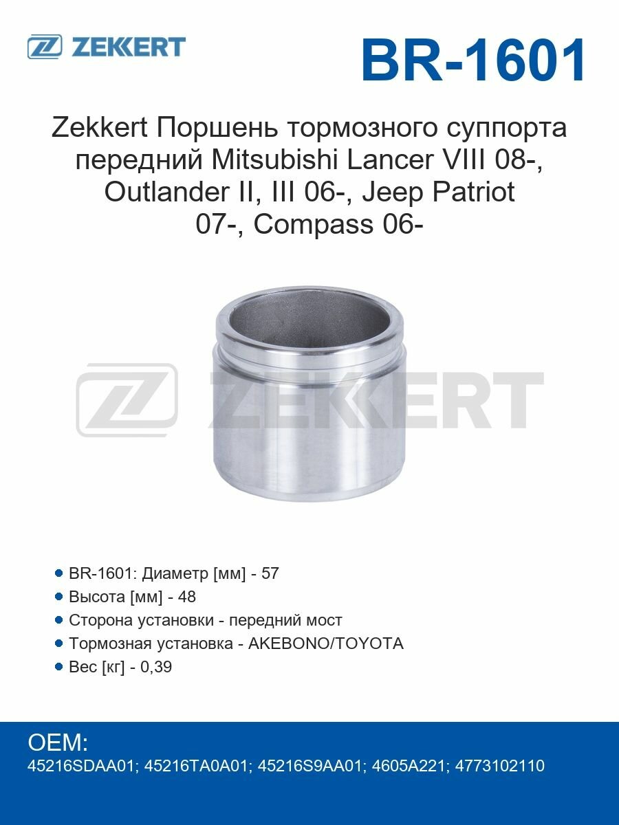 Zekkert Поршень тормозного суппорта передний Mitsubishi Lancer VIII 08-, Outlander II, III 06-, Jeep Patriot 07-, Compass 06-