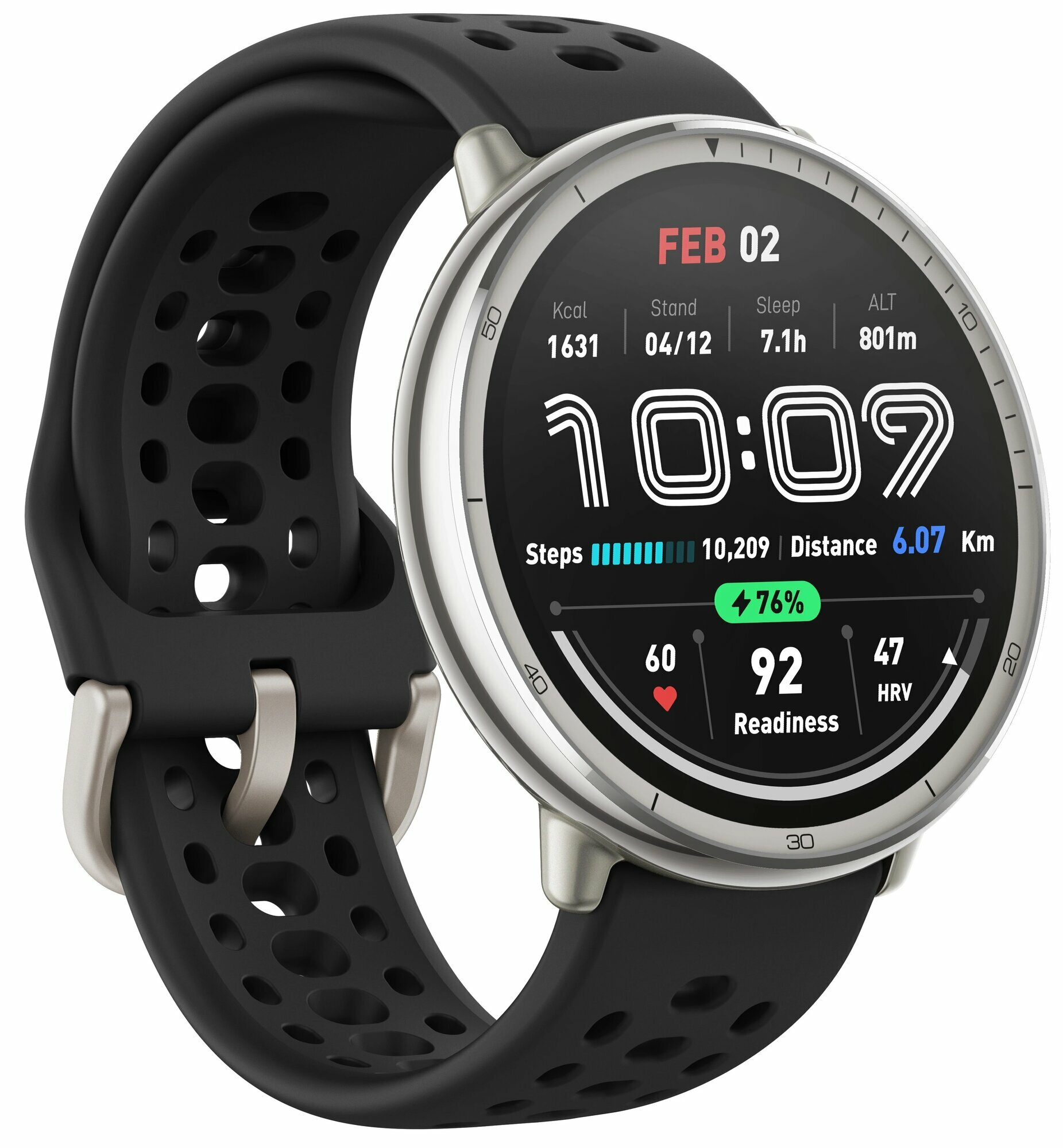 Смарт-часы Amazfit Active 2R Premium A2437 43.9мм 1.32" AMOLED корп. серебристый рем. черный разм. брасл:150-210мм