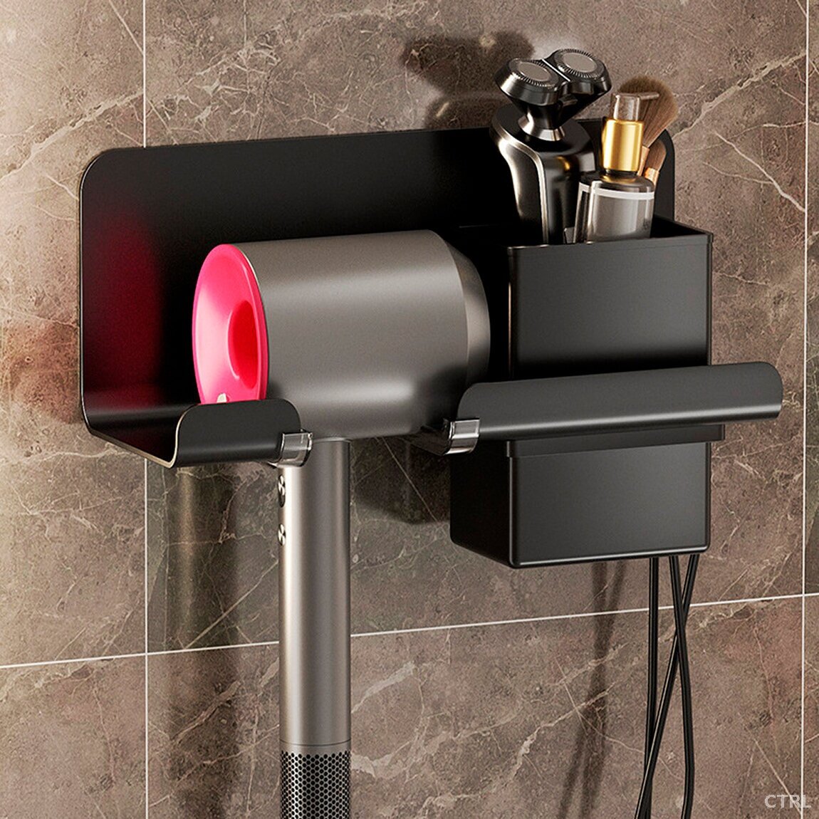 Держатель для фена dyson настенный металлический в ванную комнату без сверления черный, полка для фена, органайзер для расчесок, держатель для бритвы