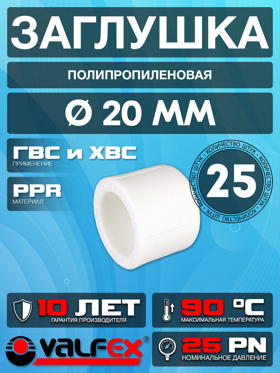 Заглушка полипропиленовая Valflex для труб диаметром 20 мм. (25 шт)