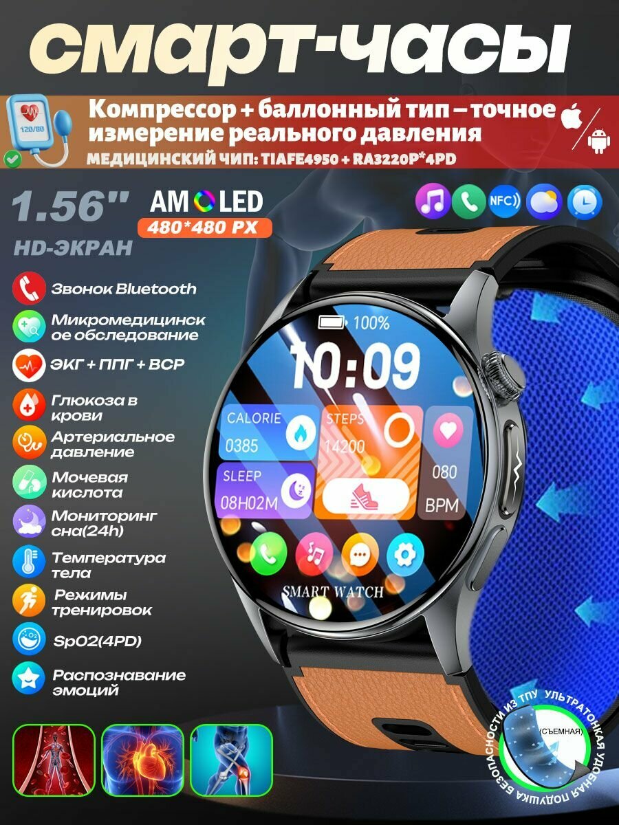 Cмарт часы с тонометром и точным измерением давления, женские с экг, NFC, Уровень сахара в крови, телефон, температура тела, уровень мочевой кислоты, отслеживание физической активности