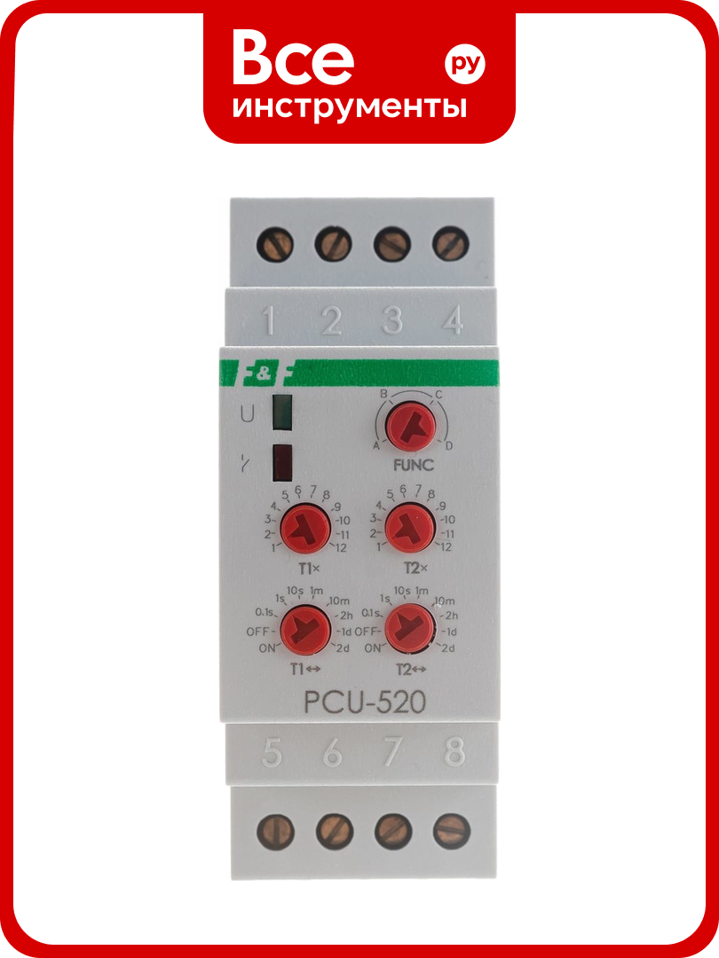 Реле времени F&F PCU-520, двухмодульное электромеханическое с независимыми выдержками, DIN‑рейка, IP20 защита
