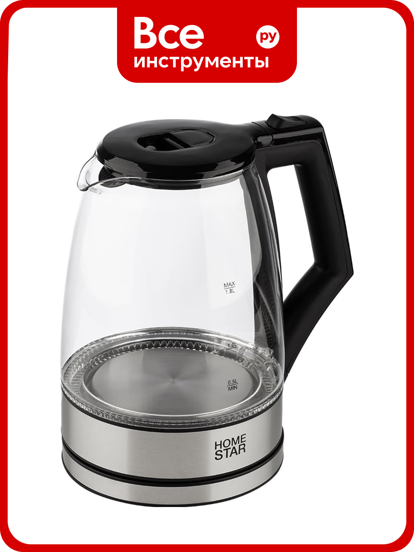 Чайник Homestar HS-1004, боросиликатное стекло/нержавеющая сталь, 1.8л, черный