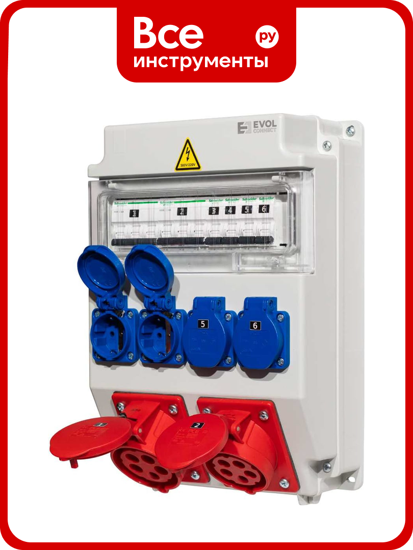 Навесной щит EVOL Combox 11 многорозеточный, защита IP44/IP54, белый/синий/красный корпус, европейская розетка и вилка