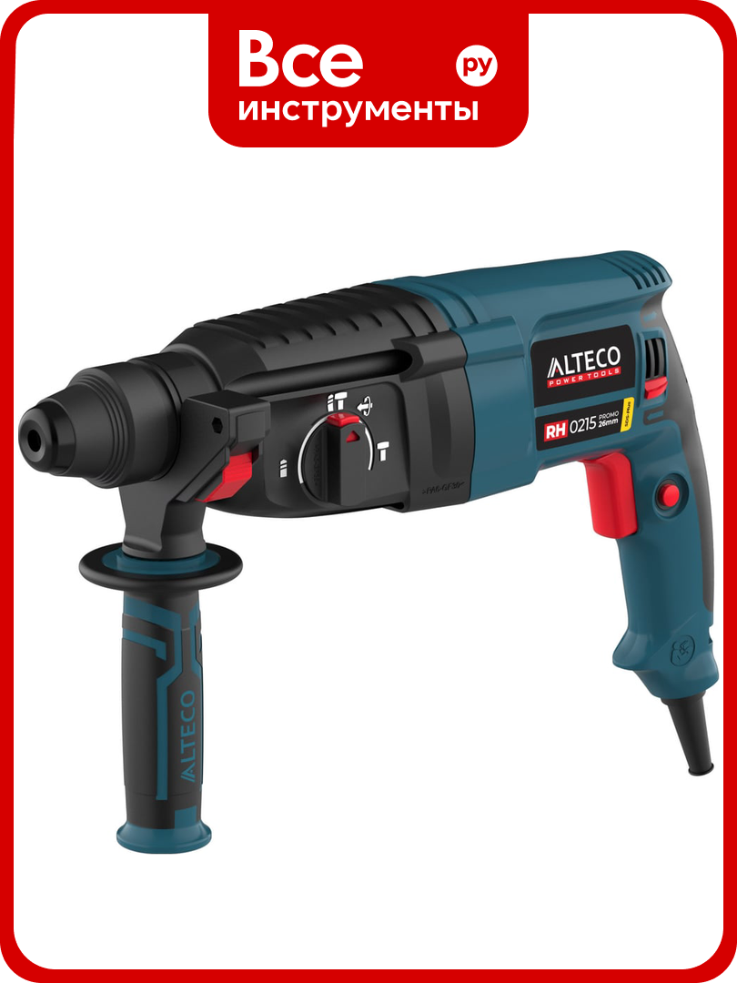 Перфоратор Alteco RH 0215 promo 27501, мощность 800 Вт, сила удара 3 Дж, 4 режима, вес 2.8 кг, с виброзащитой и щеточным