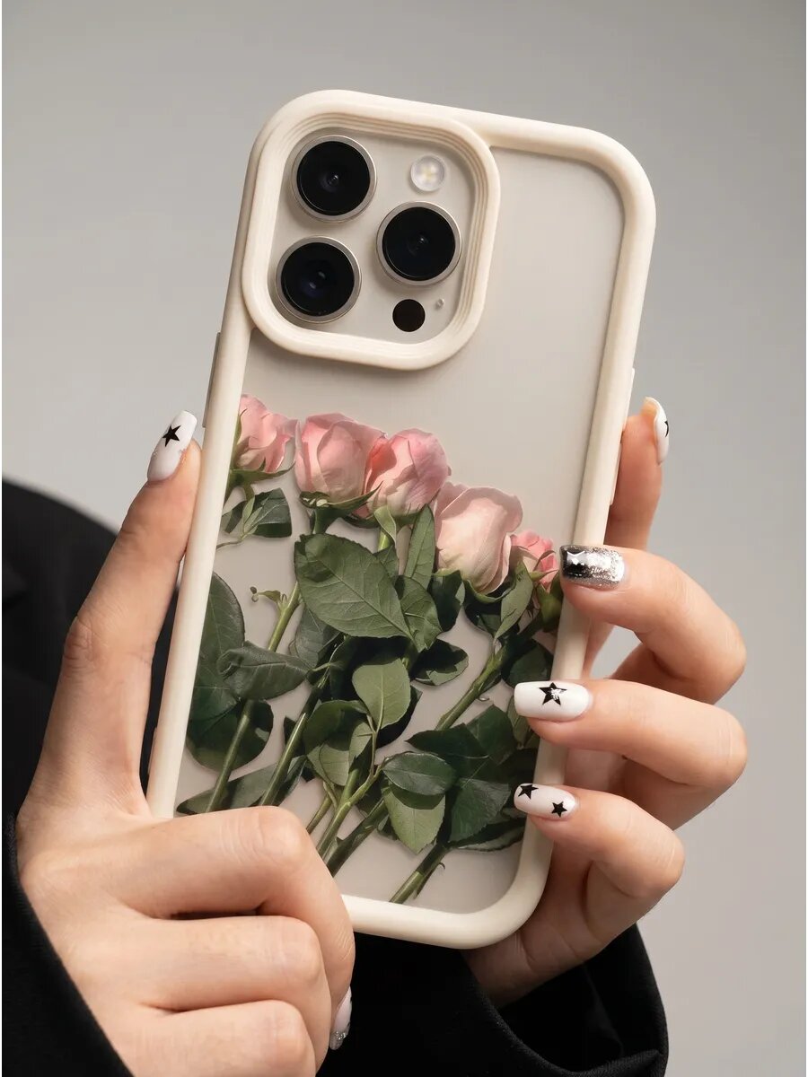 Чехол, силикон, ударопрочный, для iPhone 17 Pro Max, с принтом, белый с принтом розы — фото 1