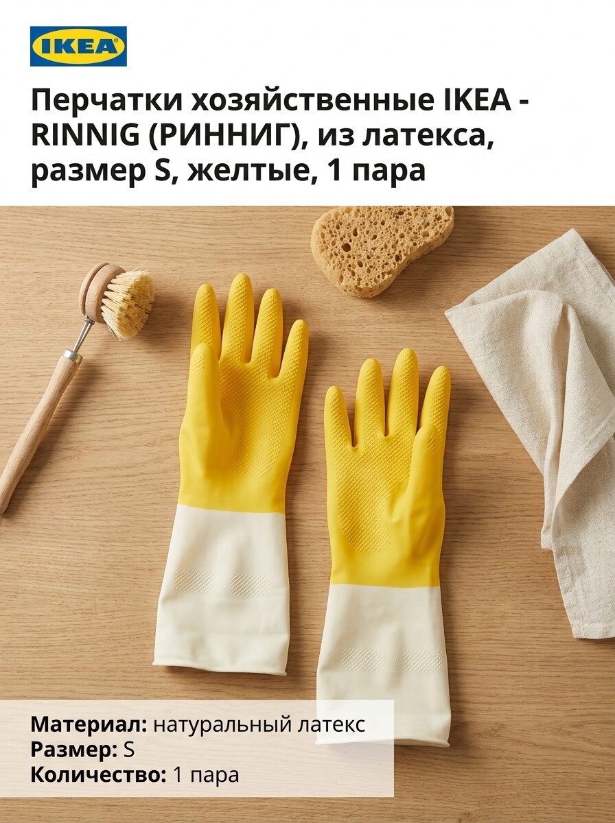 Перчатки хозяйственные IKEA - RINNIG (ринниг), из латекса, размер S, желтые, 1 пара