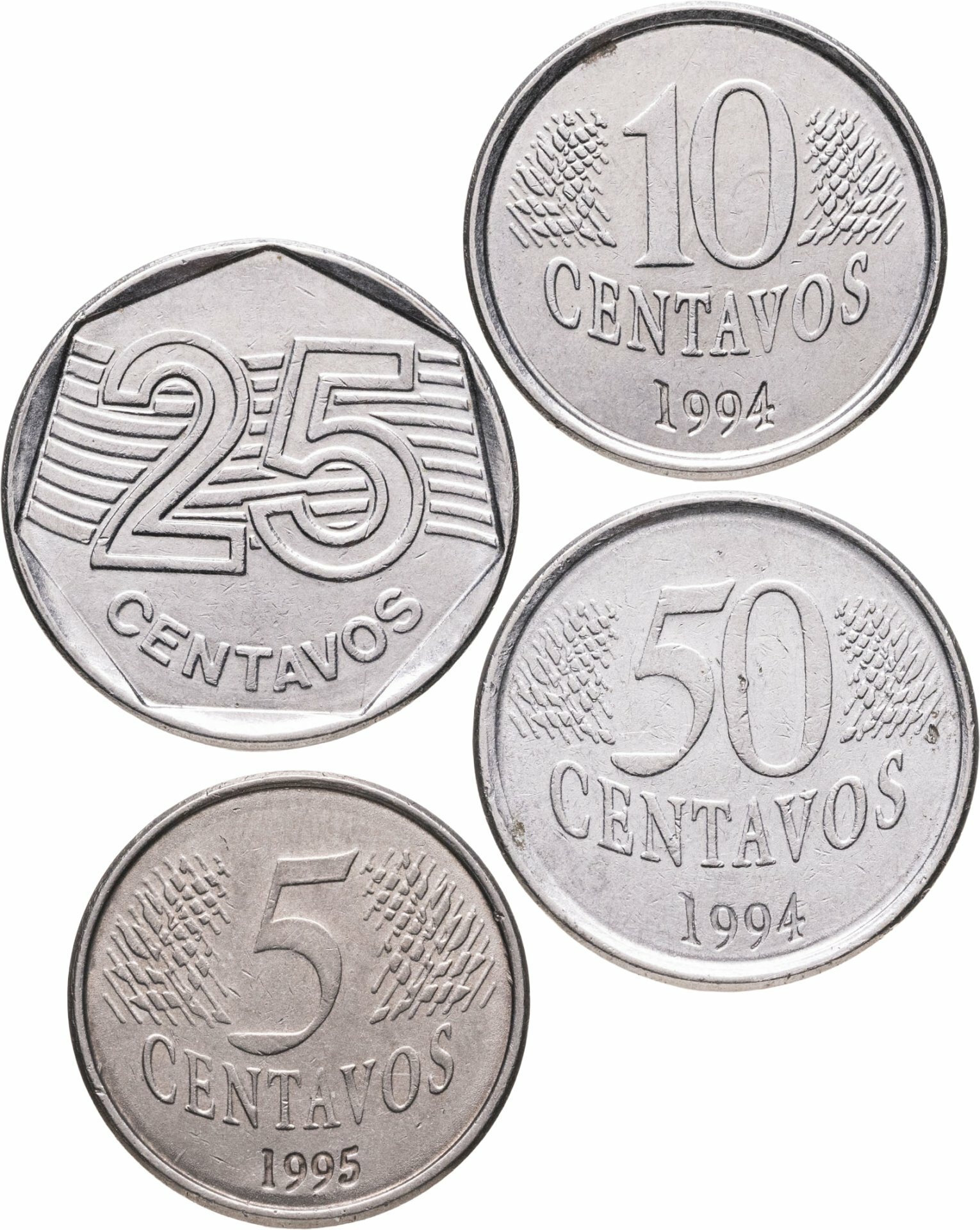 Бразилия набор монет 1994-1997 4 штуки, от 5 до 50 сентаво, Сталь, в сохранности VF-AU