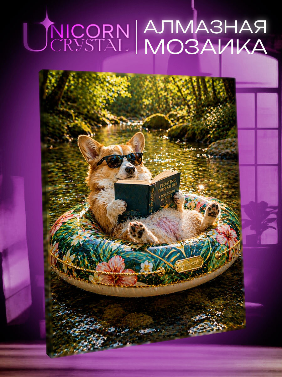 Алмазная мозаика Корги плывет по ручью на круге с книгой