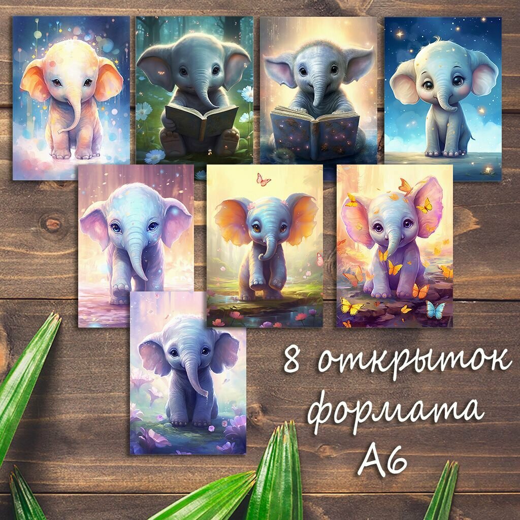 Большой набор открыток Милые слоники, 8 штук