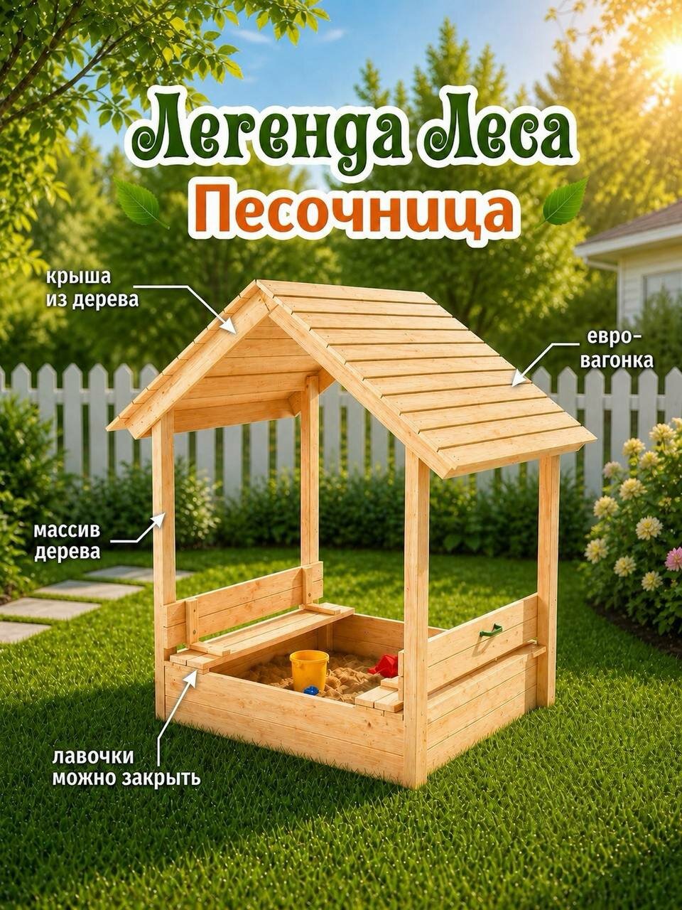 Песочница легенда леса с крышкой и крышей (без окраса) / Детская песочница на улицу