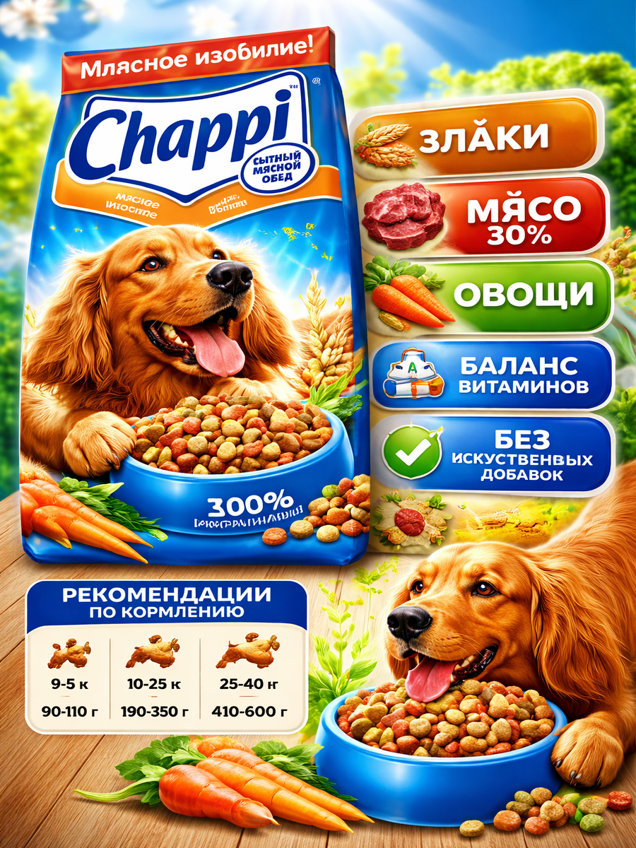 Корм сухой Chappi Мясное изобилие Сытный мясной обед для взрослых собак всех пород, 2.5кг