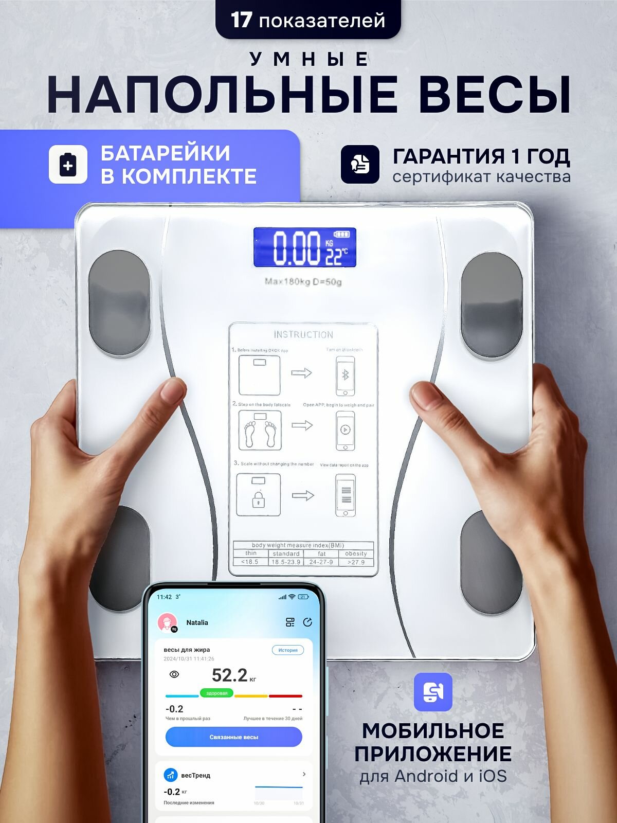 Весы напольные электронные, умные для взвешивания человека на батарейках белые для измерения веса тела питание от батареек белого цвета