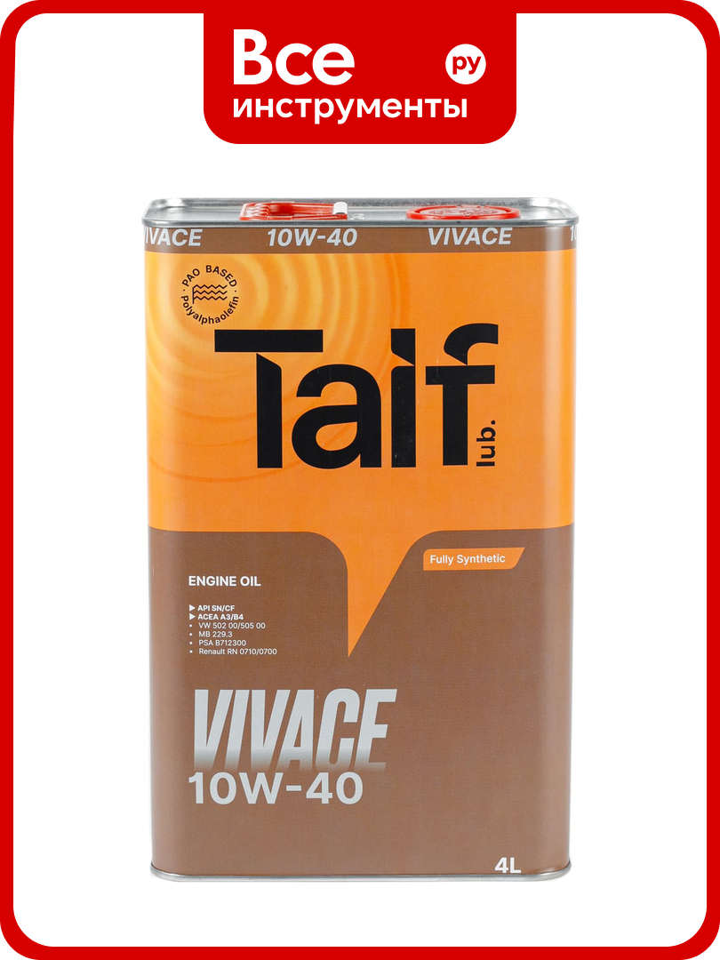 Моторное синтетическое масло Taif VIVACE, 10W-40, SN, 4 л 211030