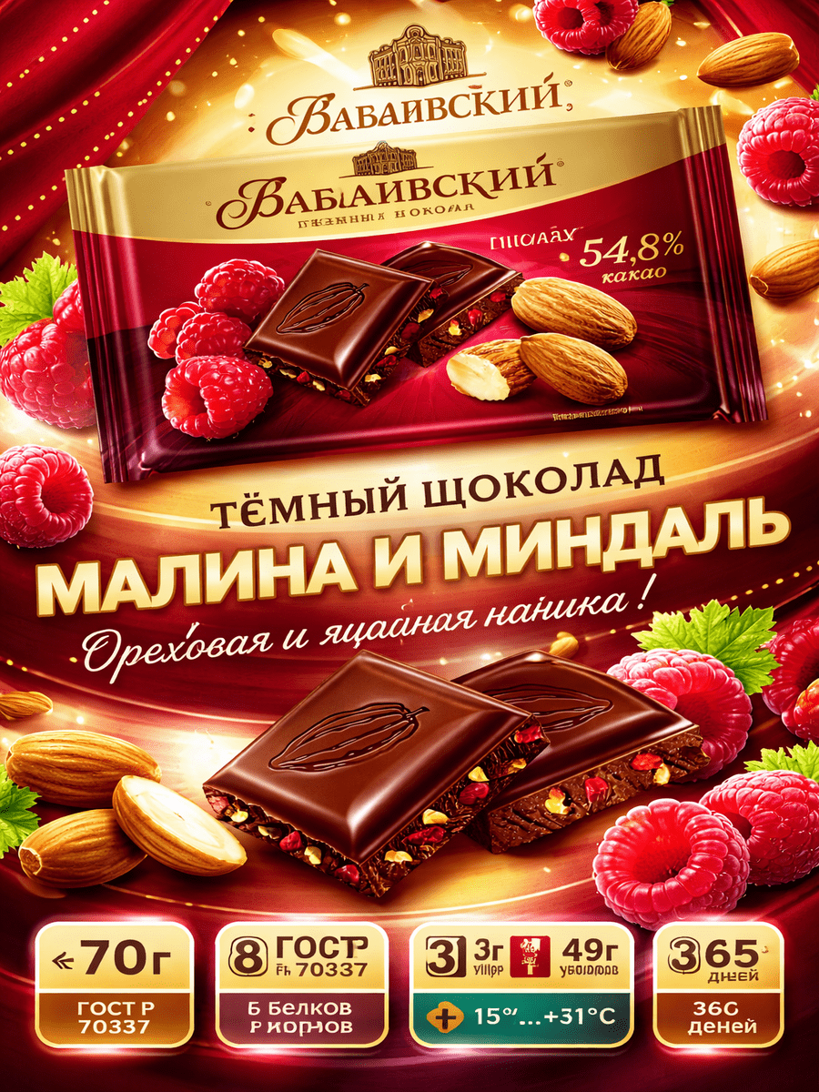 Шоколад Бабаевский темный малина и миндаль, 70г