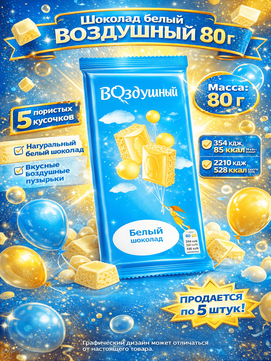 Шоколад белый воздушный, 80г x 5 упаковок