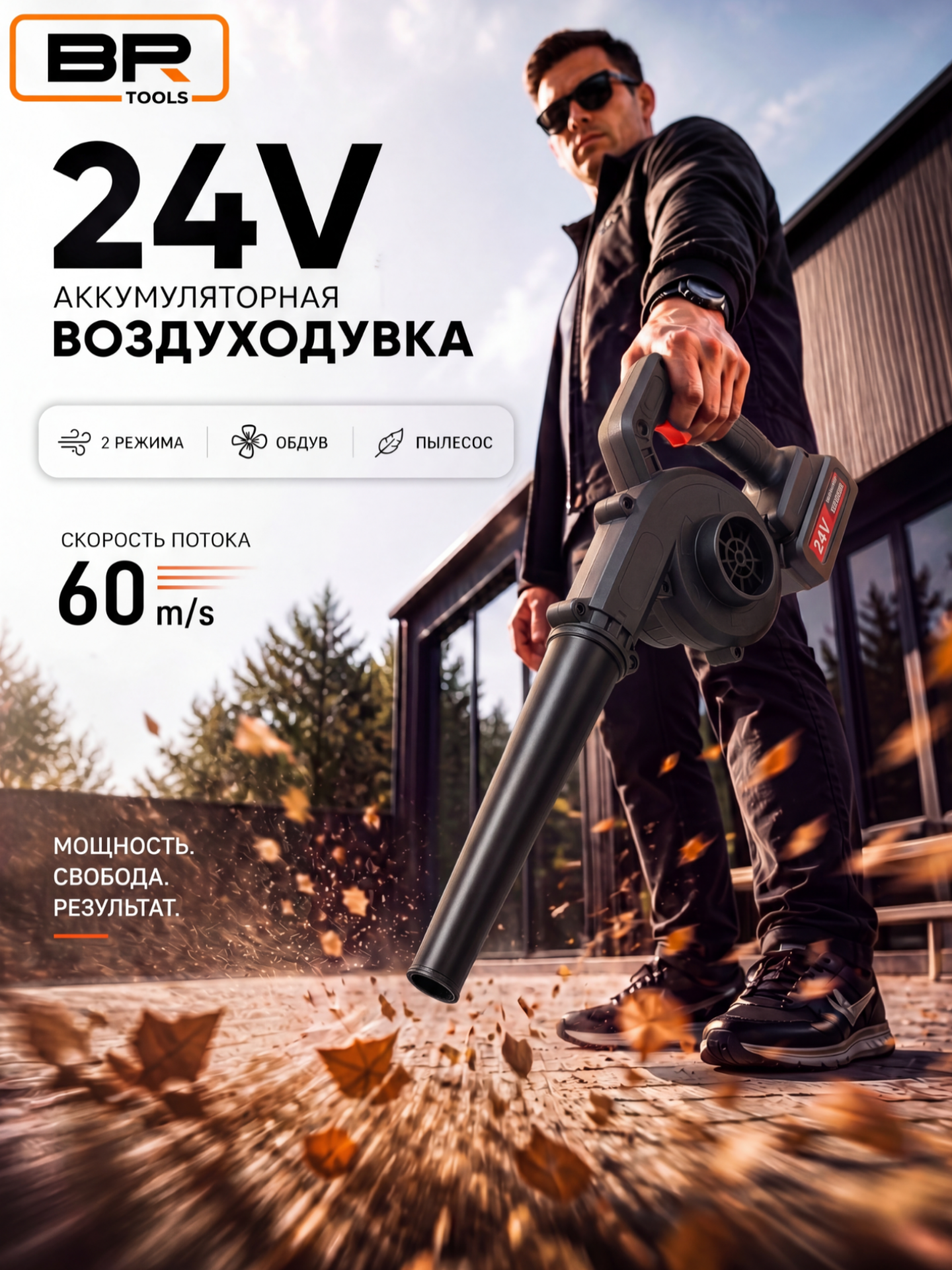 Электрическая аккумуляторная садовая воздуходувка и пылесос мощный 2 в 1, мешок для сбора мусора 1АКБ