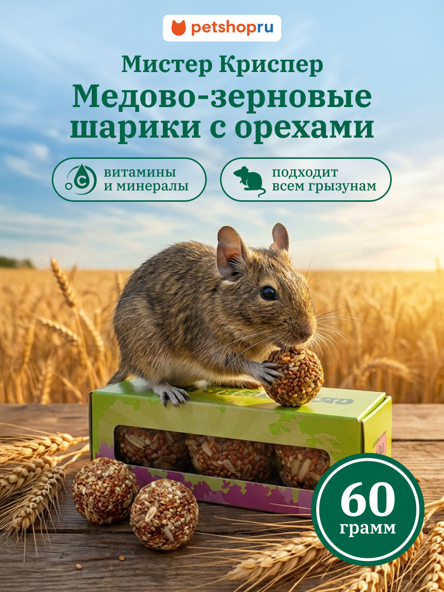 MR.Crisper Лакомство для грызунов, медово-зерновые шарики с орехами, 3 шт, 60 г