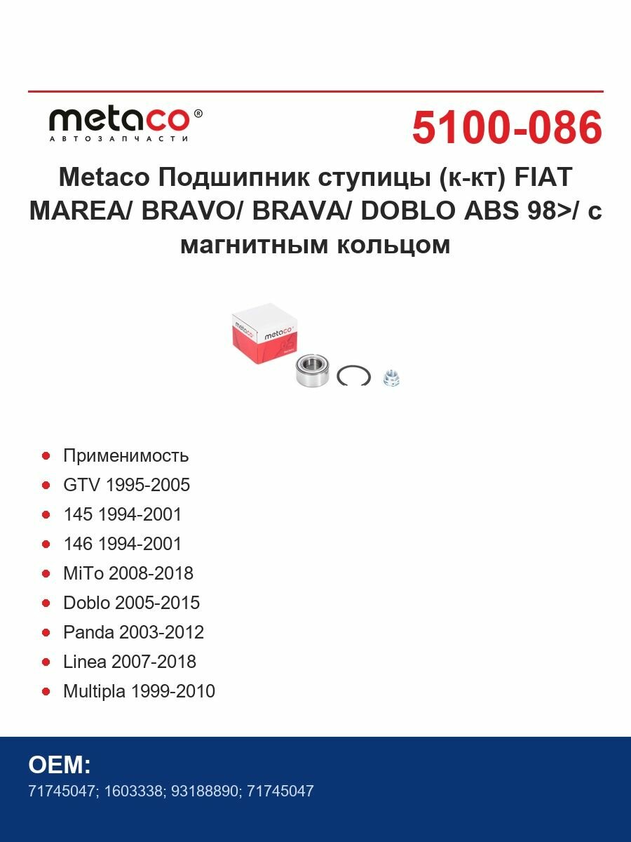 Metaco Подшипник ступицы (к-кт) FIAT MAREA/ BRAVO/ BRAVA/ DOBLO ABS 98>/ c магнитным кольцом