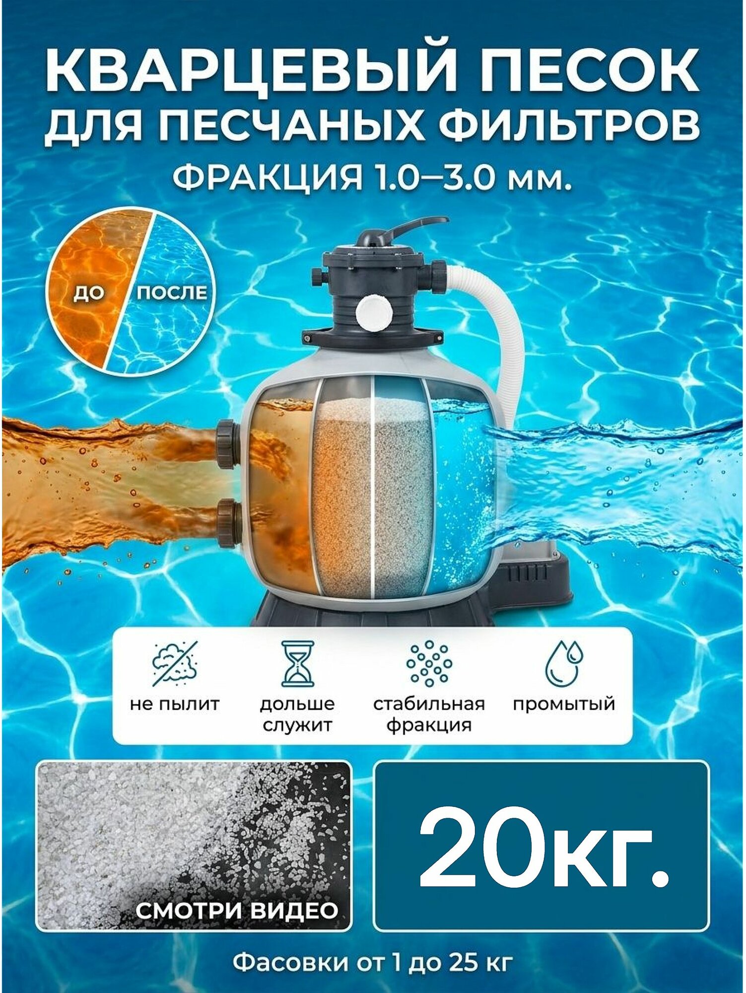 Кварцевый песок для фильтра бассейна 1.0-3.0 мм, средняя фракция, загрузка для фильтрации воды, чистый кварц, 20 кг