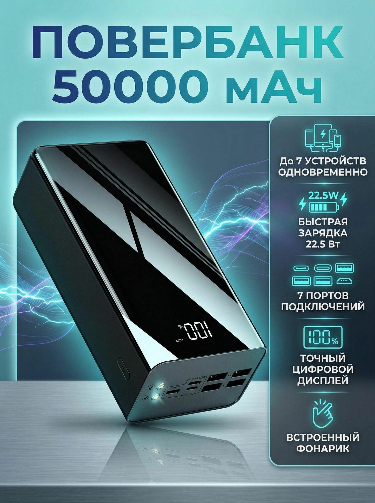 Внешний аккумулятор повербанк для телефона, 50000 мАч, 22.5 Вт, черное