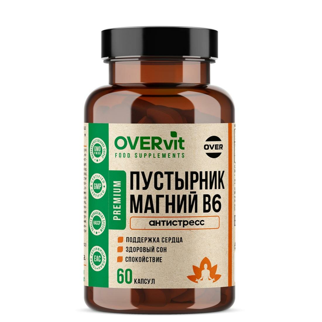 Пустырник OVERvit, с магнием и витамином В6, для нервной системы, 60 капсул
