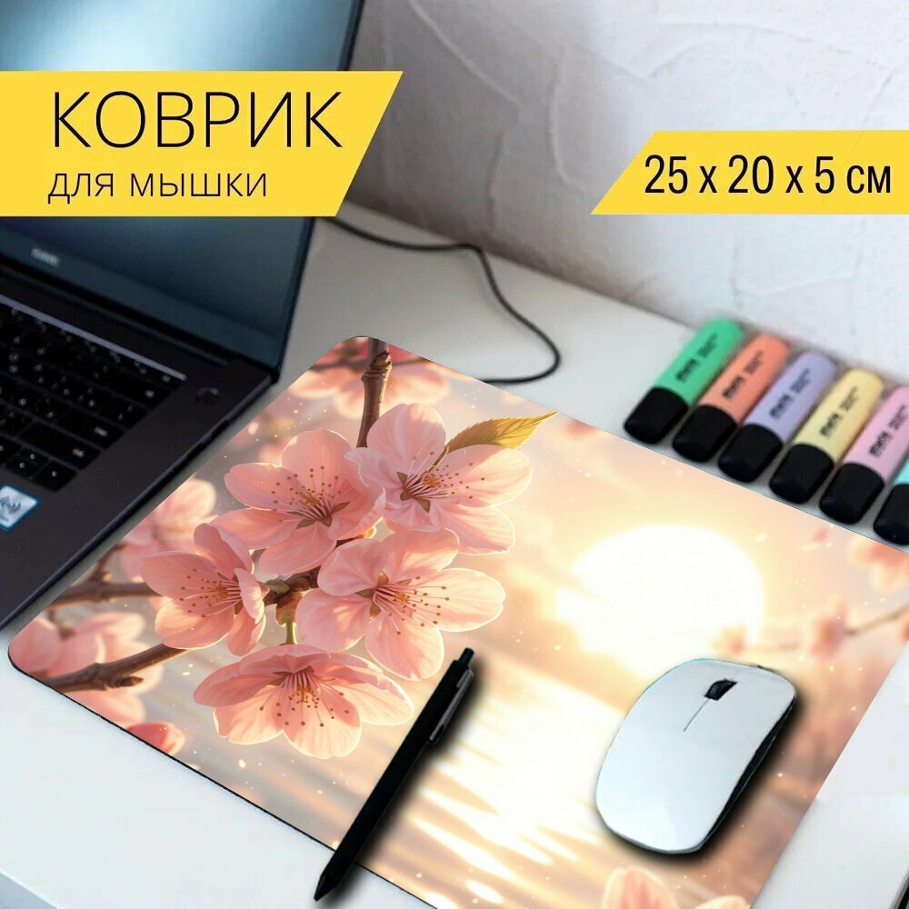 Коврик для мыши с принтом "Крупные нежно-розовые цветы сакуры на ветке, близкий план с несколькими распустившимися цветками на переднем плане, композиция вертикальная." 25x20см.