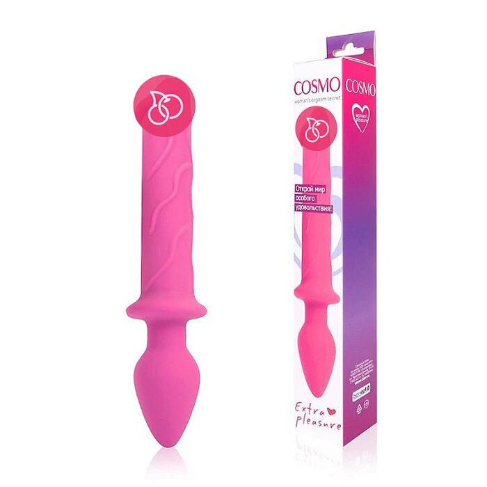 Фаллоимитатор Cosmo, двусторонний, с анальной пробкой, 23см, розовый