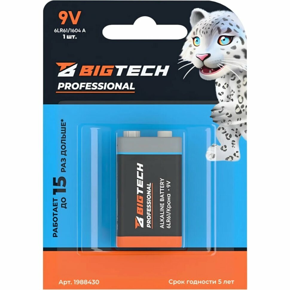 Батарейка BigTech Professional 6LR61/Крона 9V/1604A алкалин. бл/1шт, 1988430