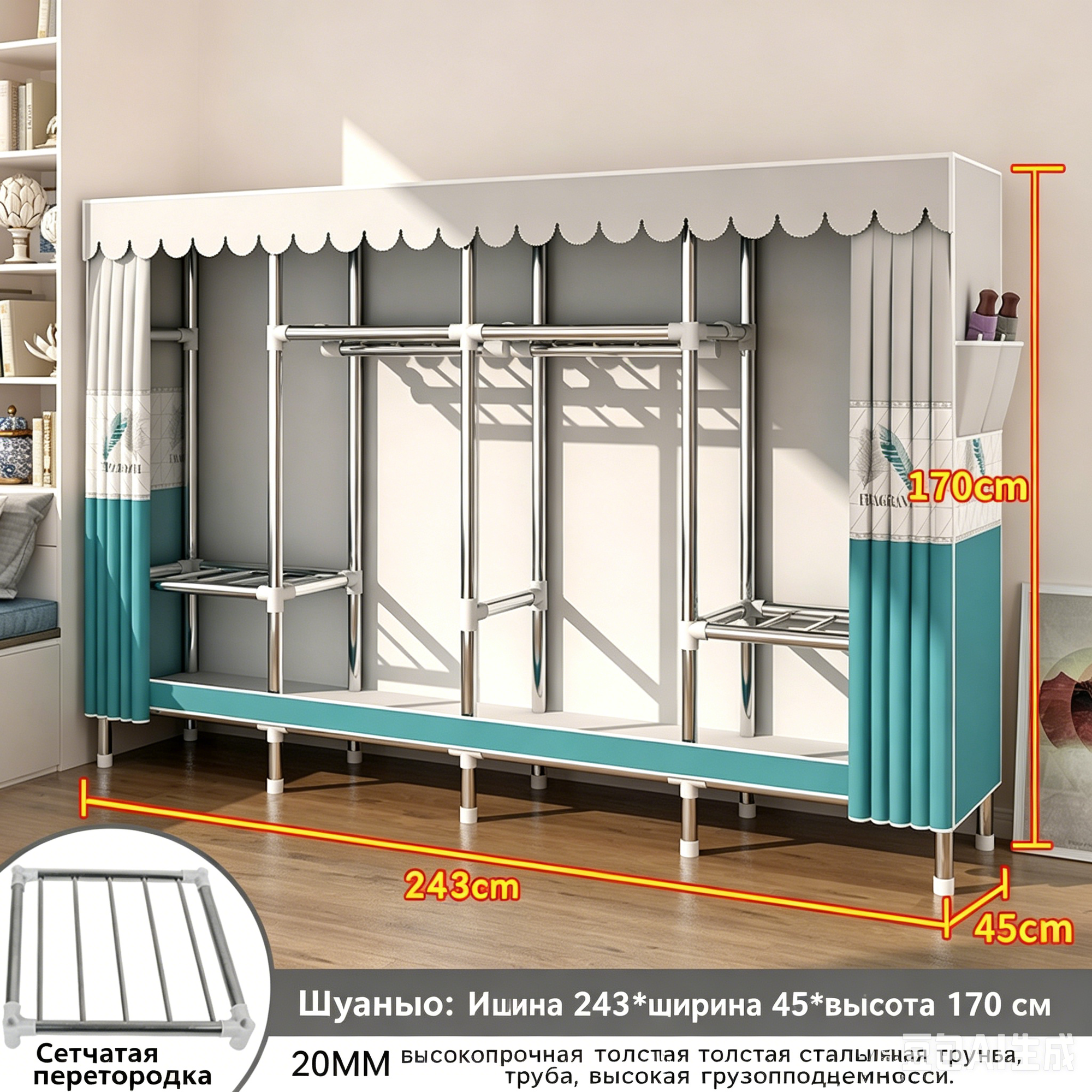 Тканевый шкаф 243x45x170 см, прочный, для спальни и съёмной квартиры