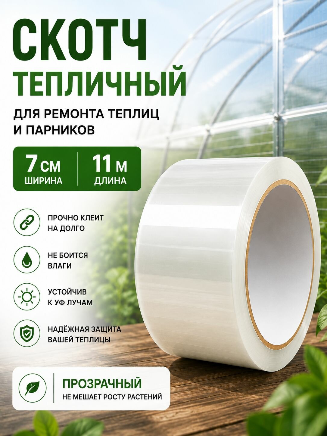 Скотч тепличный для ремонта поликарбоната и пленки Клейкая лента 7 см х 11 м, толщина 105 мкм, скотч для теплиц, парника