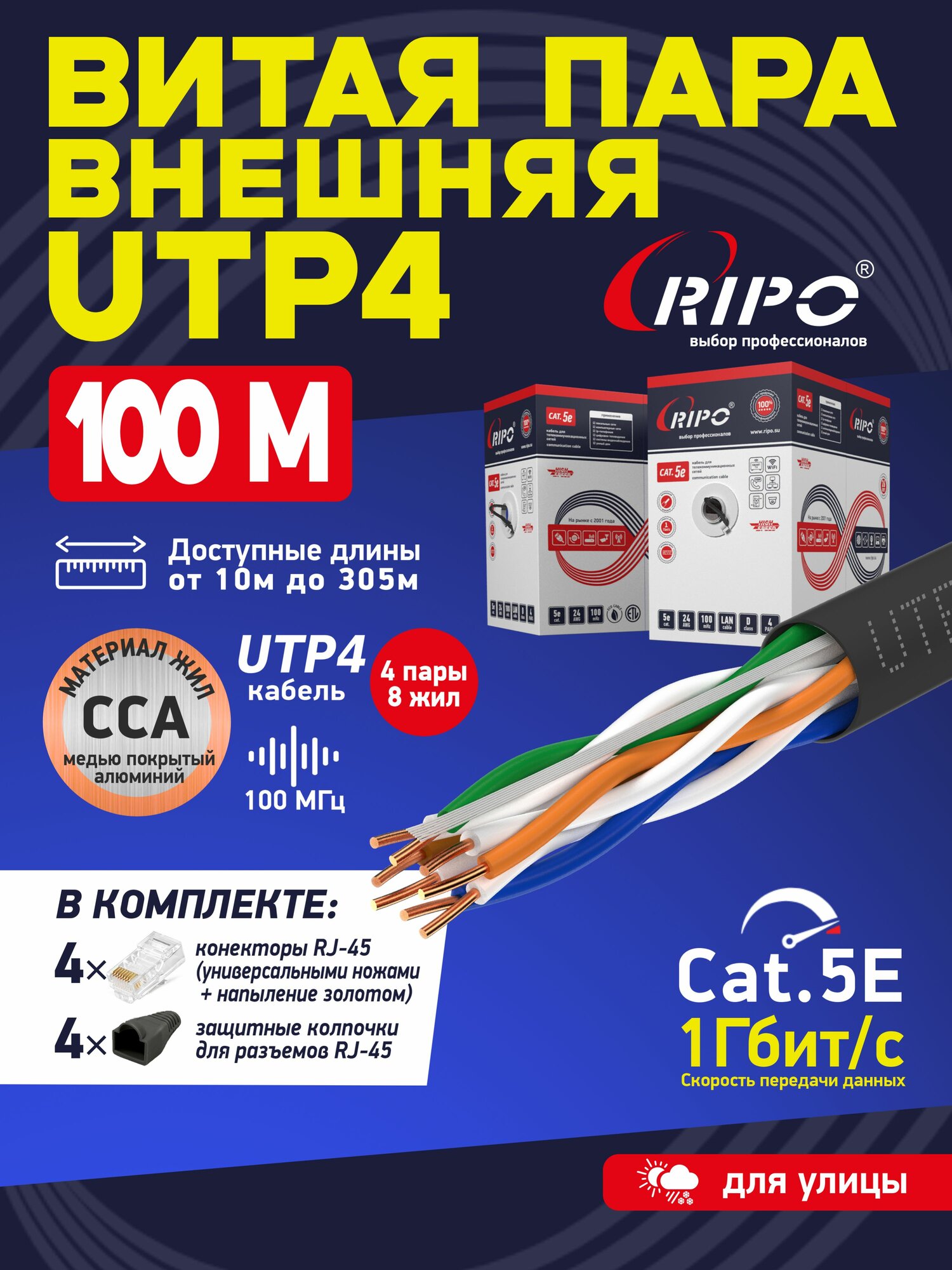 Кабель витая пара для локальной сети LAN UTP4 CAT5E 24AWG CCA PE RIPO outdoor уличный 100 метров 001-112003/100