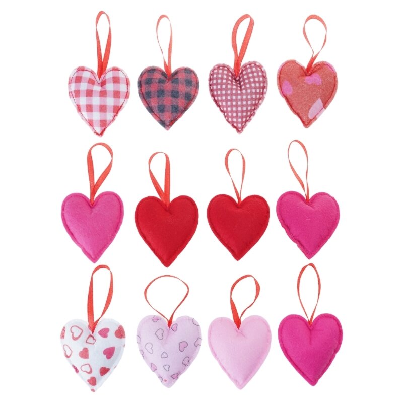 12Pcs Fabric Love Heart Decorations For Valentines Day Weddings Party DIY Crafts