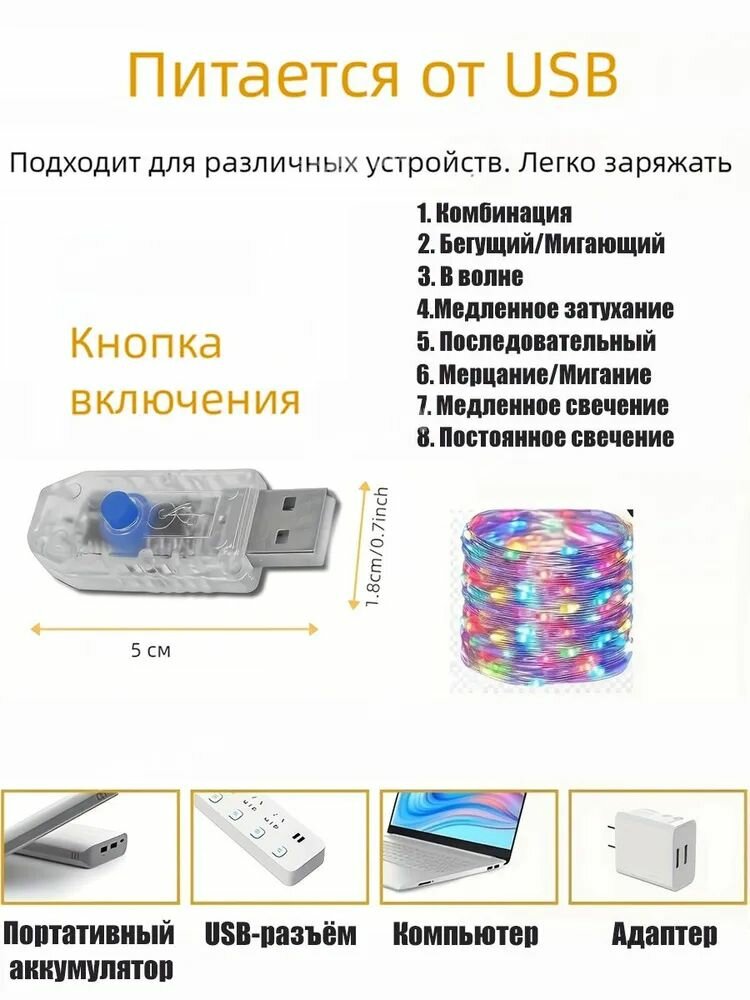 Электрогирлянда интерьерная Елочки Светодиодная 100 ламп, 10 м, питание От порта USB