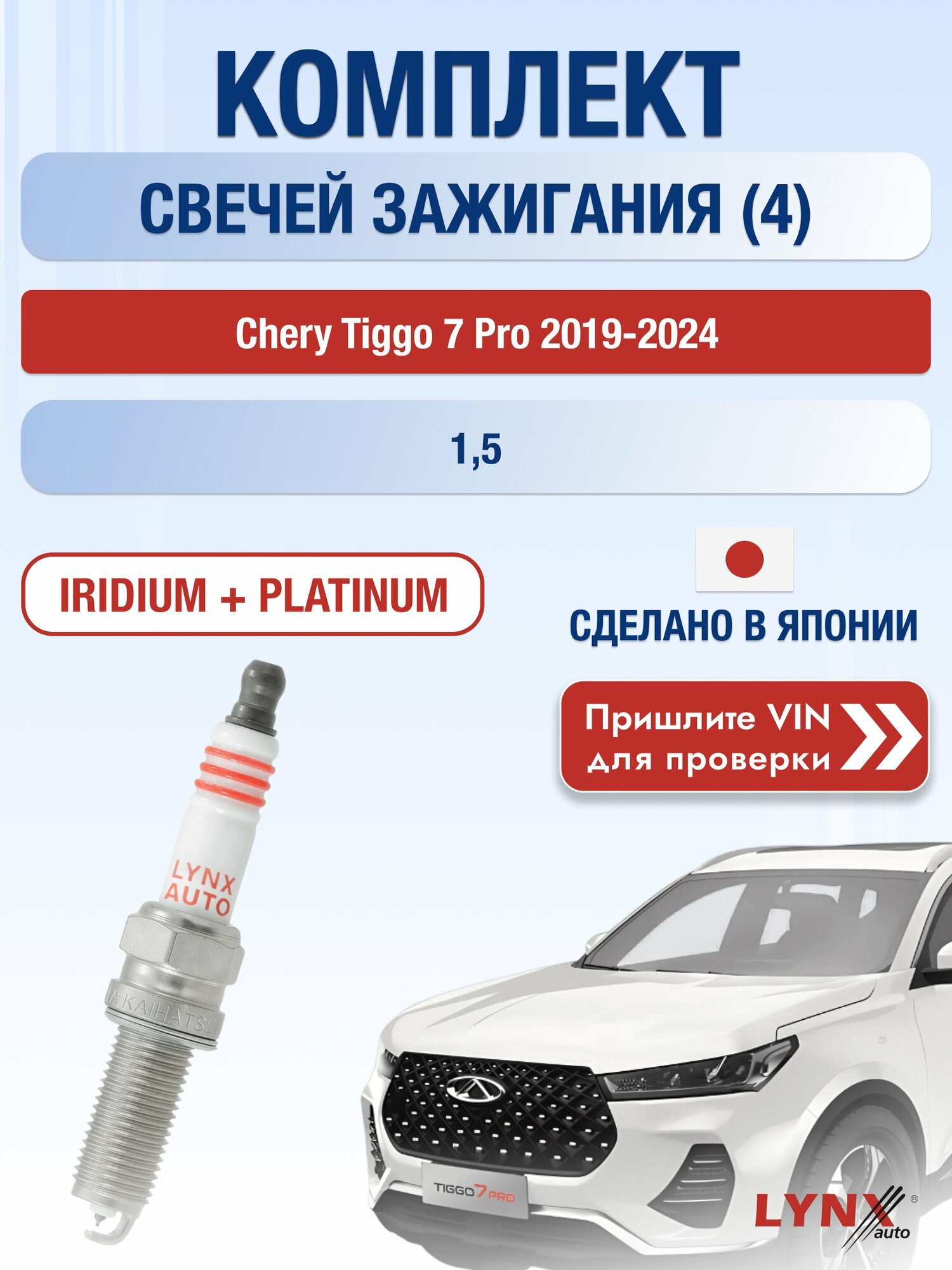 Свечи зажигания на Chery Tiggo 7 Pro 2019-2024г./ комплект 4 шт. Двигатель 1,5 (SQRE4T15C) SP-443/ LYNXauto