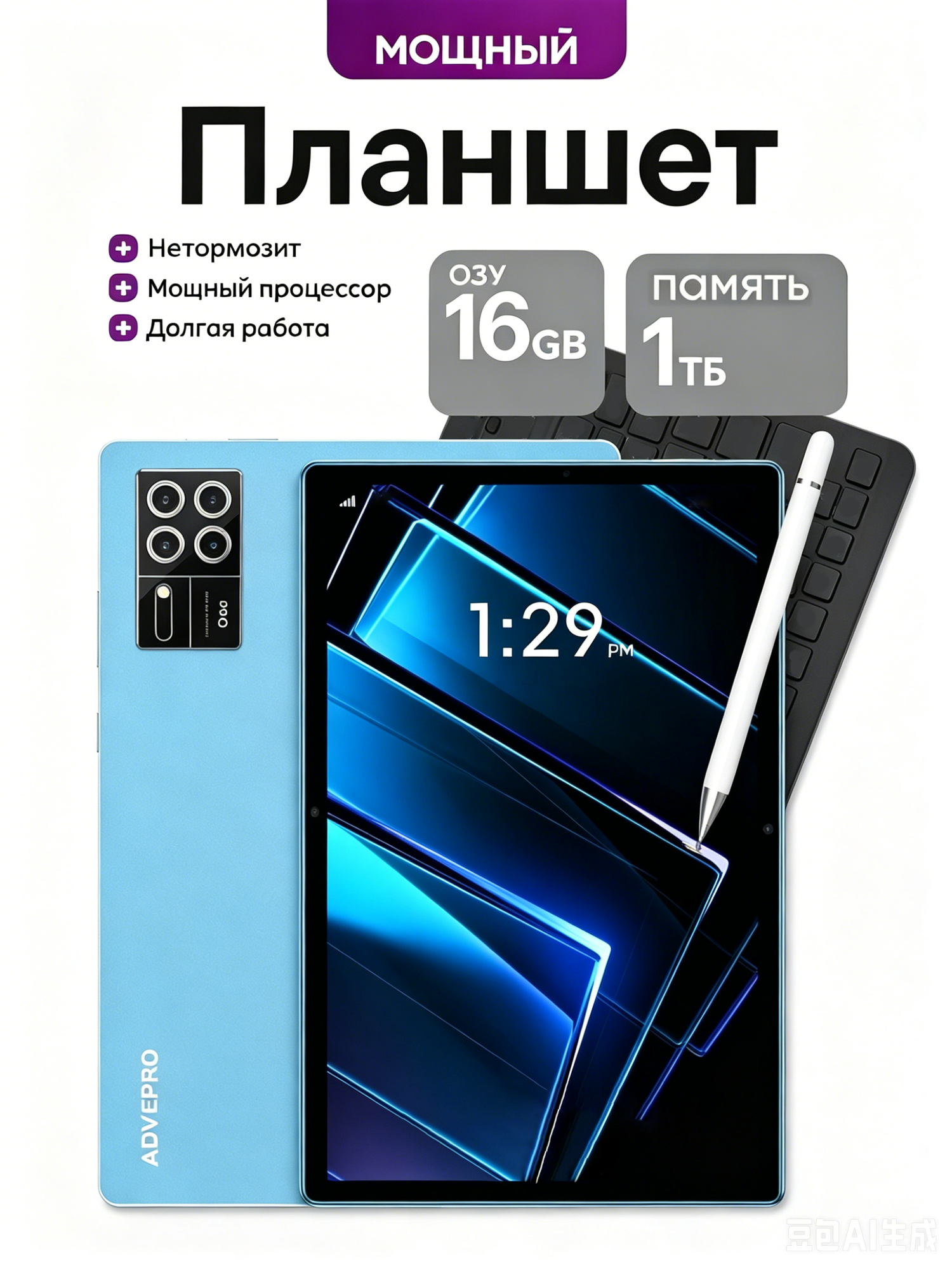 Планшет ADVEPRO Pad15 Pro 16+1024 ГБ Android 14 10000 мАч, синий, комплект с аксессуарами