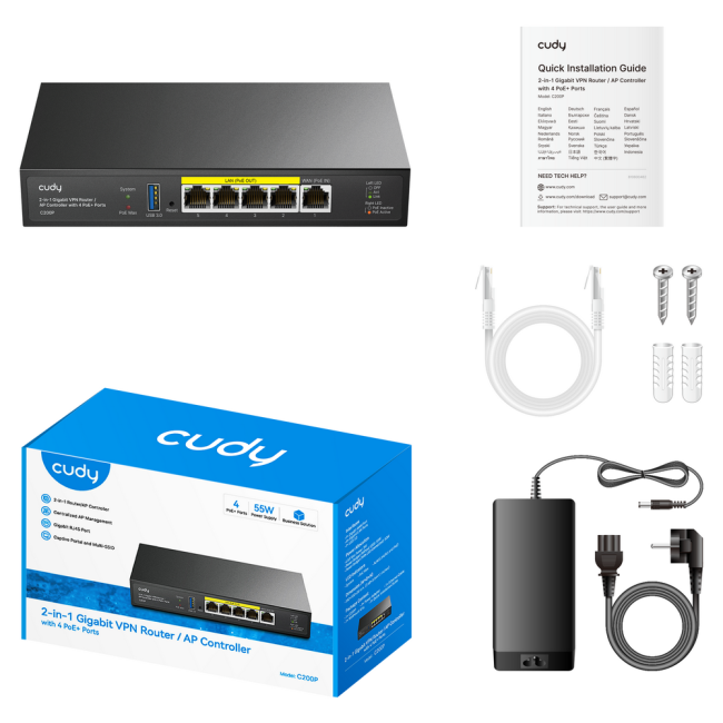 C200P CUDY Маршрутизатор CUDY C200P 2-IN-1 SMB Router / AP Controller, 1 Gigabit Ethernet + 4 Gigabit PoE+ PSE Ports +