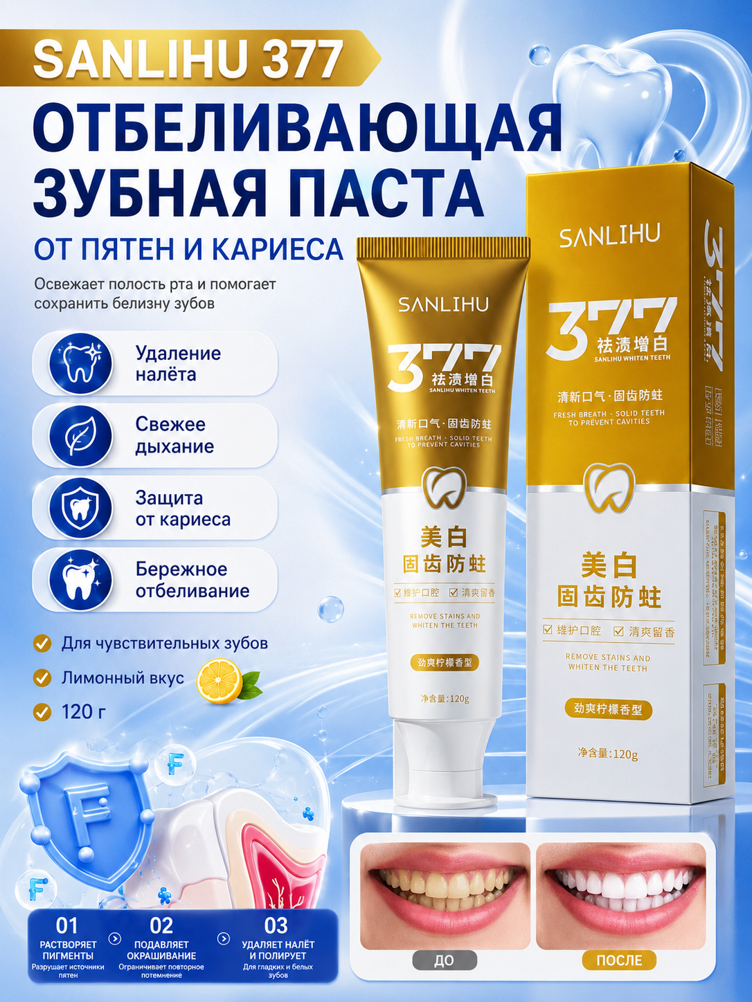 Эксклюзивная реминерализующая паста SANLIHU 120 г для восстановления эмали, защиты от кариеса и налета(предотвращение кариеса)