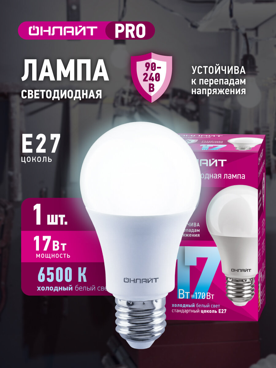 Лампочка светодиодная Онлайт 90 404 E27 6500К 17 Вт 1 штука.