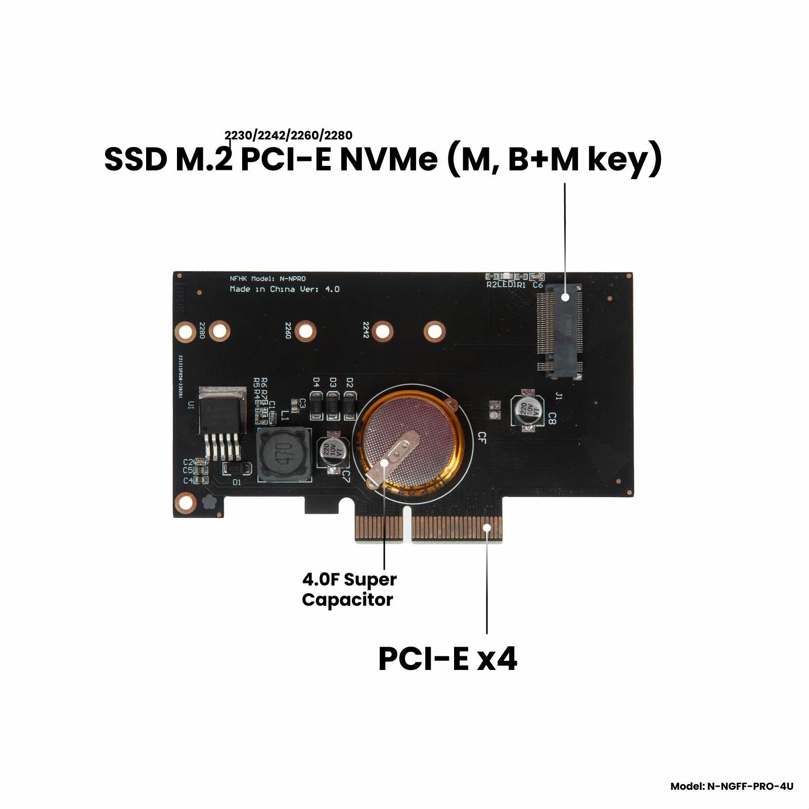 Адаптер-переходник (плата расширения) для установки SSD M.2 2230-2280 PCI-E NVMe (M, B+M key) в слот PCI-E х4 с защитой от сбоя питания, черный, NFHK N-NGFF-PRO-4U