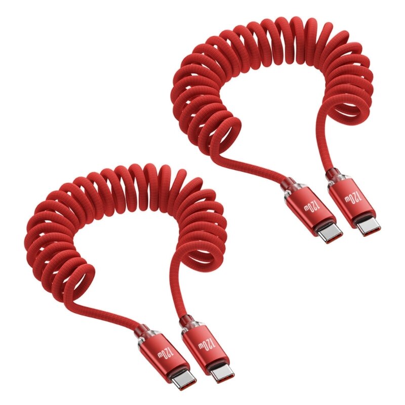 2 USB C к USB C от мужчины к мужчине пружинный кабель для быстрой зарядки мощностью 120 Вт-красный-1 метр