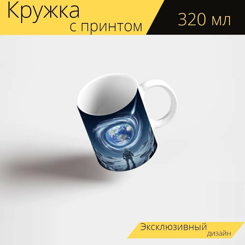 Кружка с рисунком, принтом "Космонавт на лунной поверхности. Фигура астронавта среди кратеров и ледяных скал любуется планетой в звездном небе, вокруг сияющий вихрь и." 320 мл.