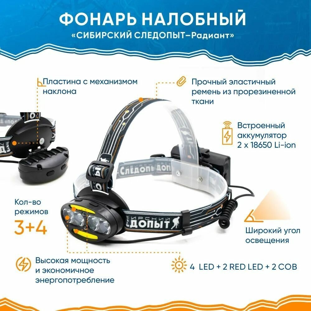 Фонарь налобный "сибирский следопыт-радиант", 4 LED + 2 COB, аккум. 220В