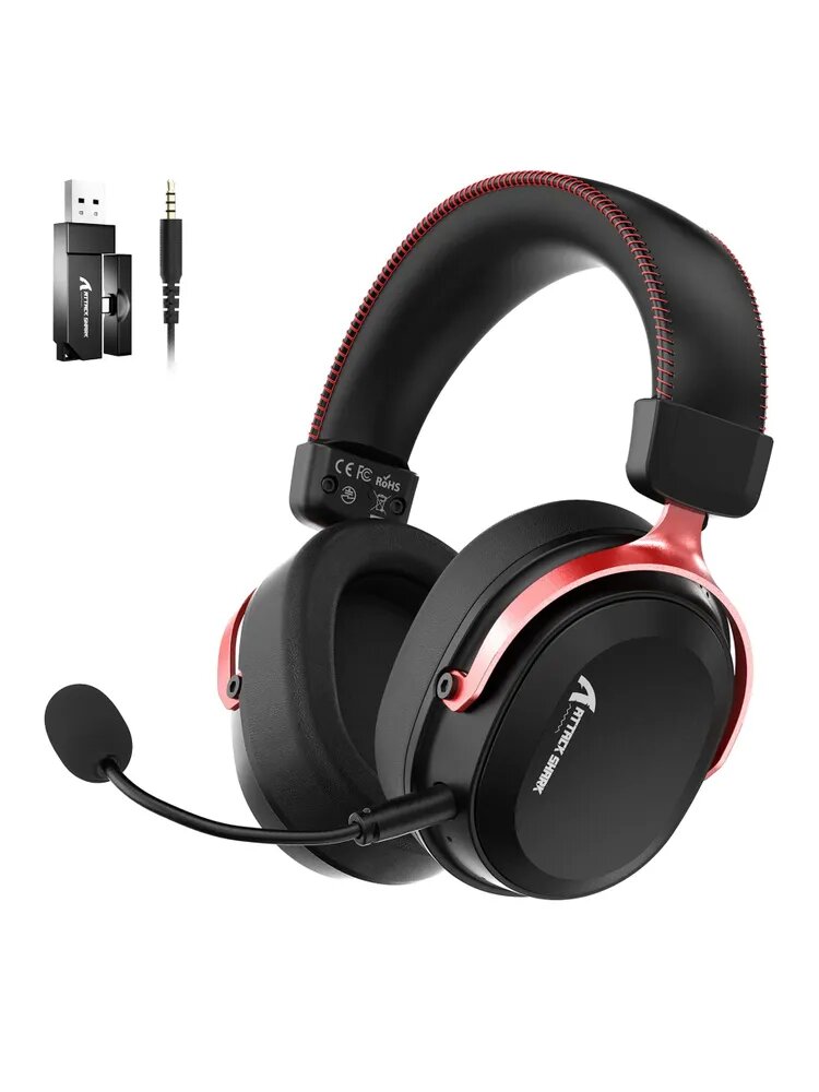 ATTACK SHARK Наушники с микрофоном L30PRO, Bluetooth, USB Type-C, USB Type-A, красный, черный
