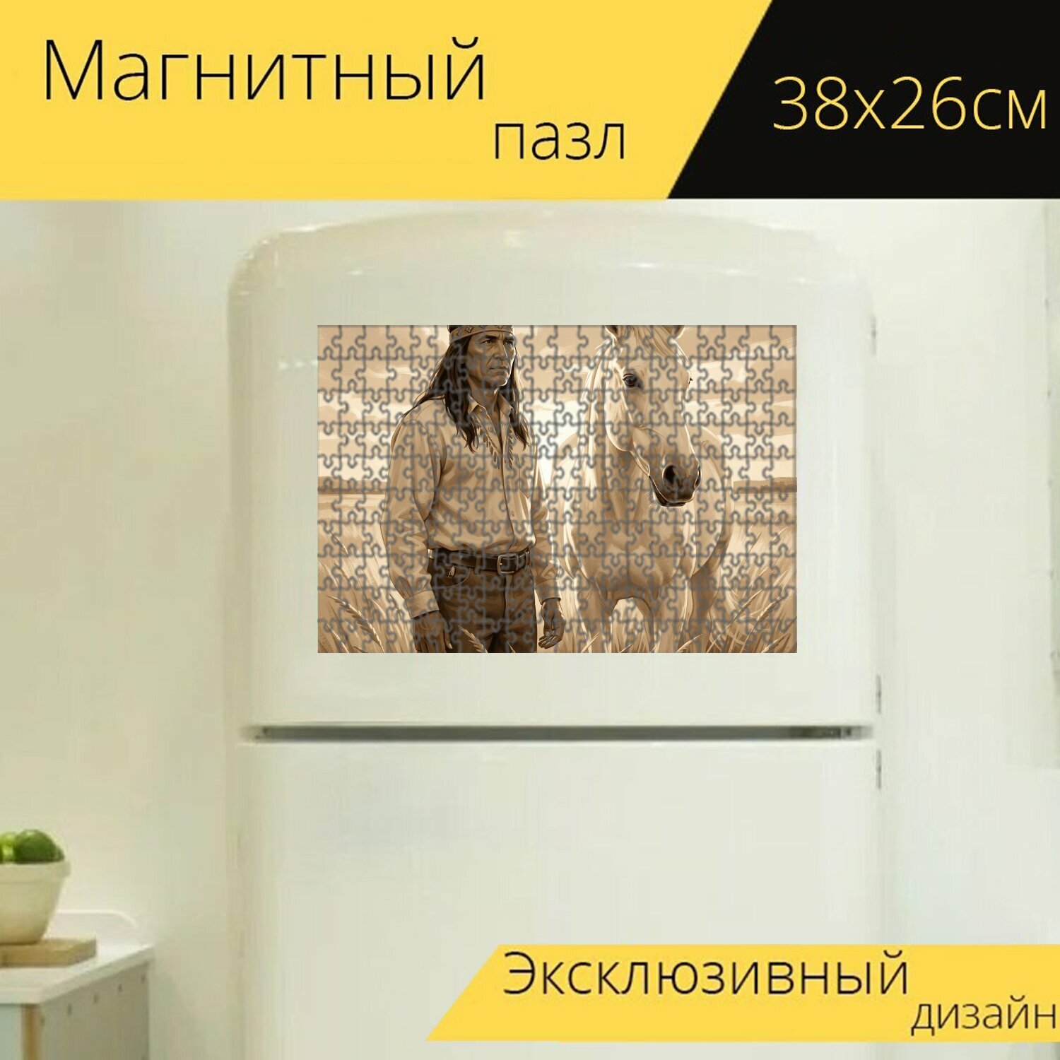 Магнитный пазл "Индейский воин с белой лошадью. Сепийная сцена: коренной житель прерии в поле рядом со светлым конем, теплый закат, мягкая живописная." для интерьера, 38х26 см.