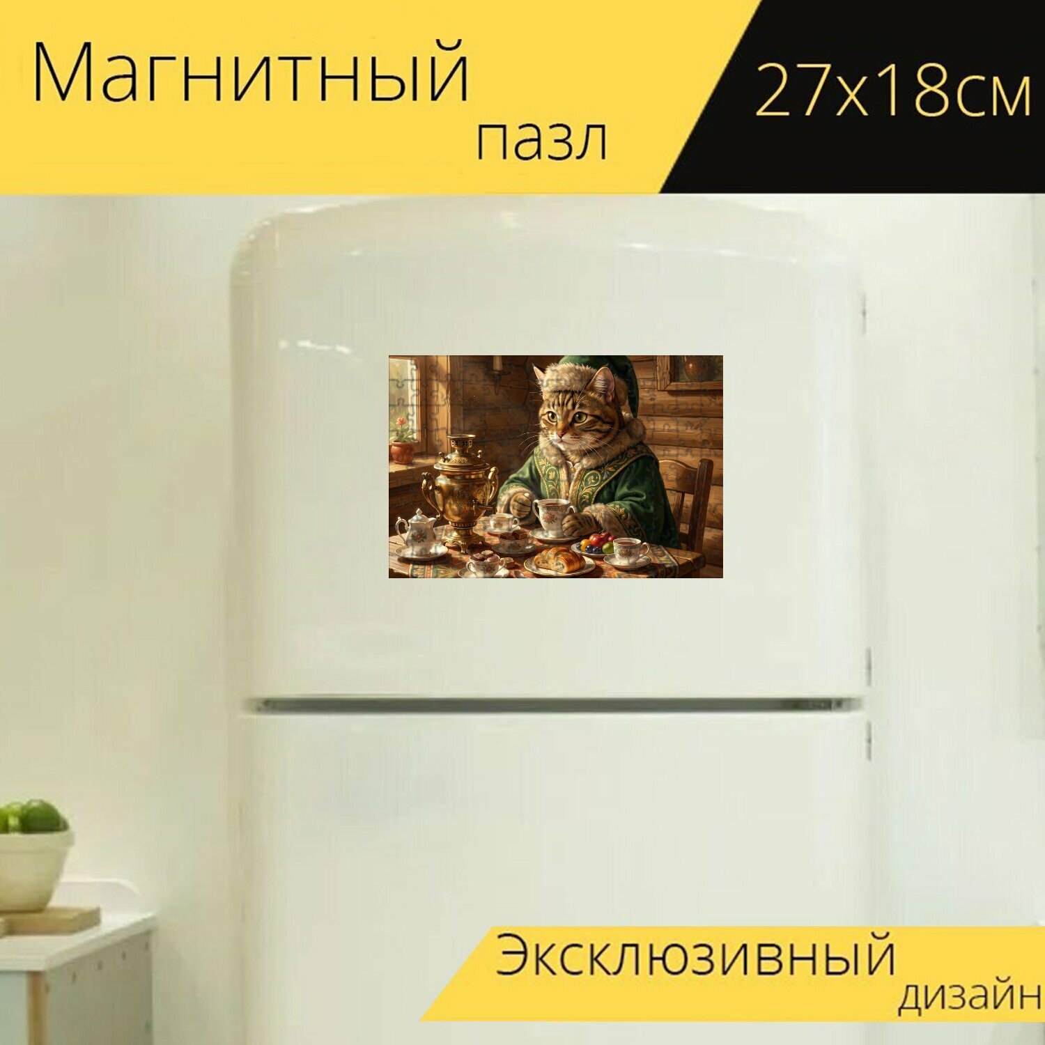 Магнитный пазл "Кот в зеленом кафтане за чаем. Сказочная зимняя сцена в деревянной избе: полосатый кот в праздничном зеленом наряде сидит за самоваром и." на холодильник 27 x 18 см.