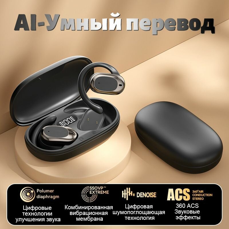 Беспроводные Умные наушники с AI-переводчиком и открытым звуком OWS. Дисплей заряда